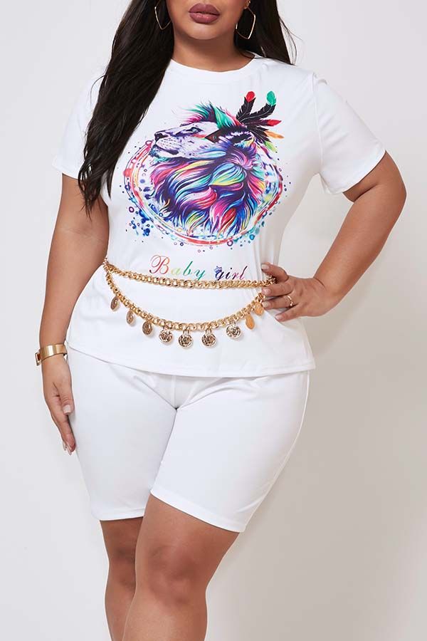 Lovely Casual Print White Plus Size Two Piece Shorts Set In 2020 Two
