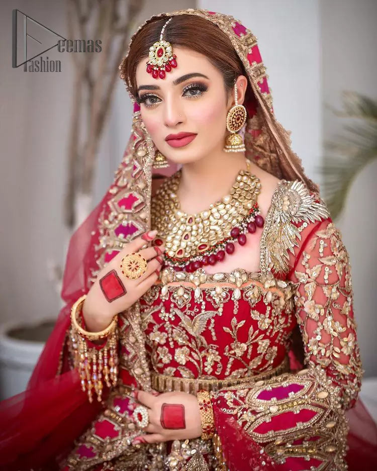 Pakistani Bridal Wear Red Front Open Frilled Maxi Lehenga Dupatta