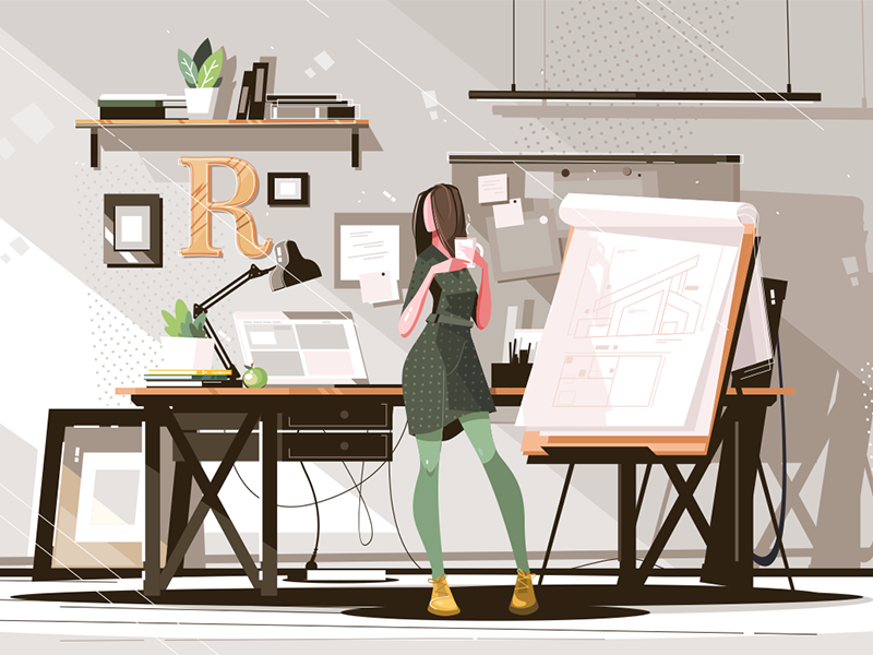 Girl Architect Working On Project Architect Illustration Architect