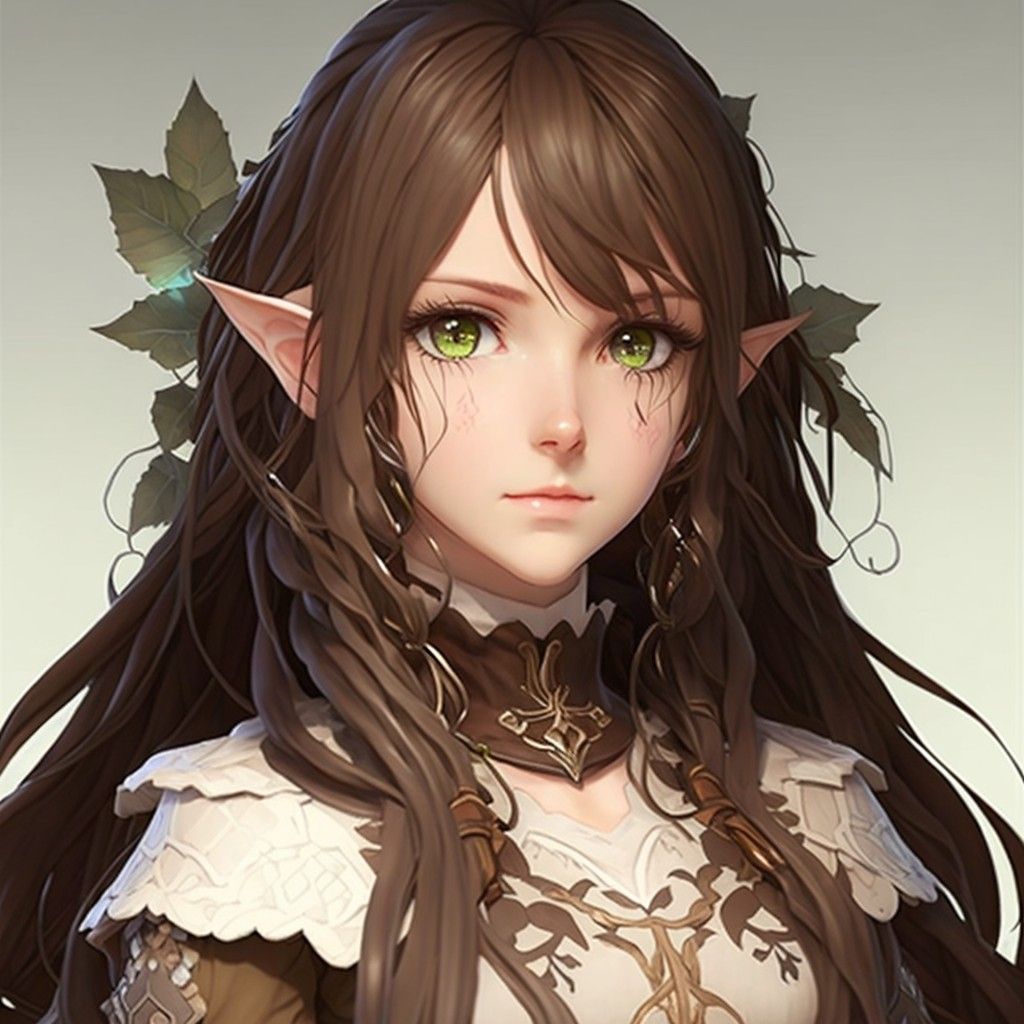 A Woman With Long Brown Hair And Green Eyes Wearing An Elf Costume Standing In Front Of
