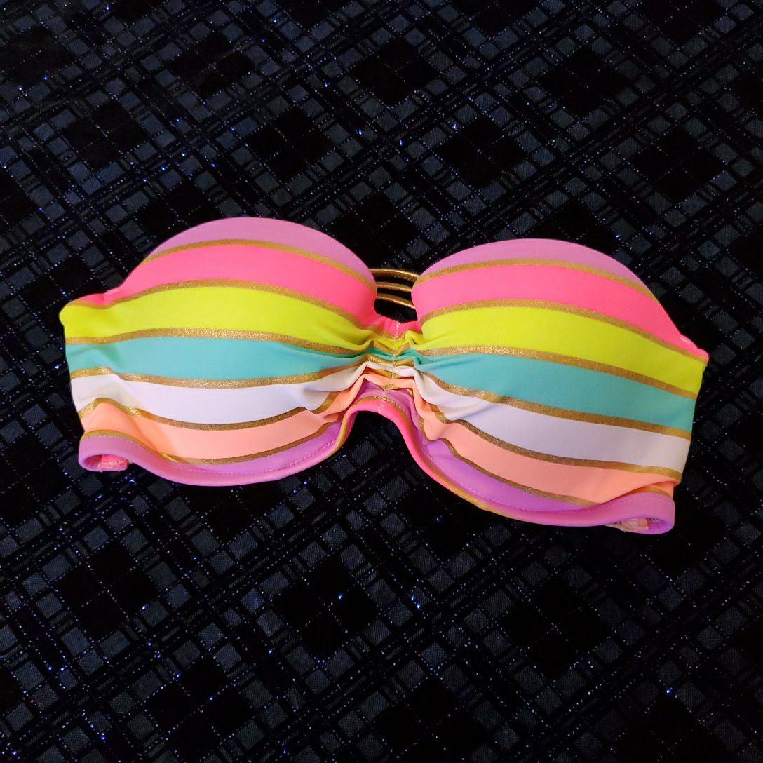 2 Victorias Secret~gold Strappy Flirt Bandeau Bikini Top Rainbow Stripe