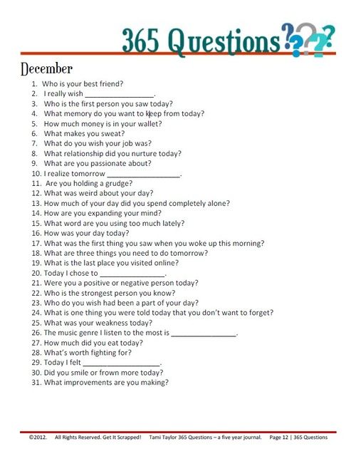 December 365 Journal Questions Journal Questions Journal Writing