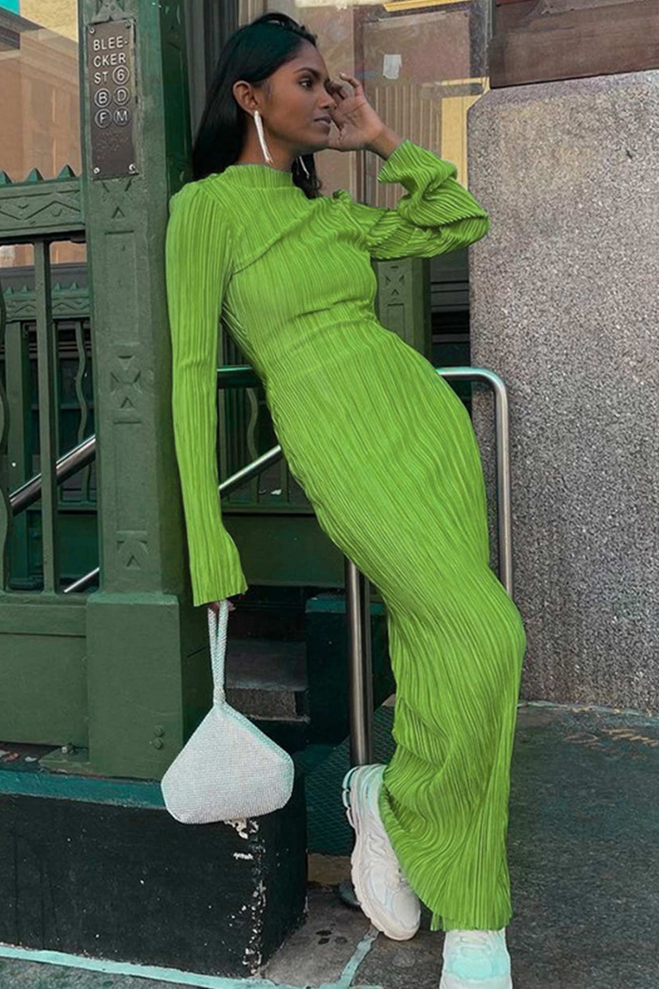 Solid Color Crew Neck Pleated Maxi Dress Elegant Bodycon Dress Long