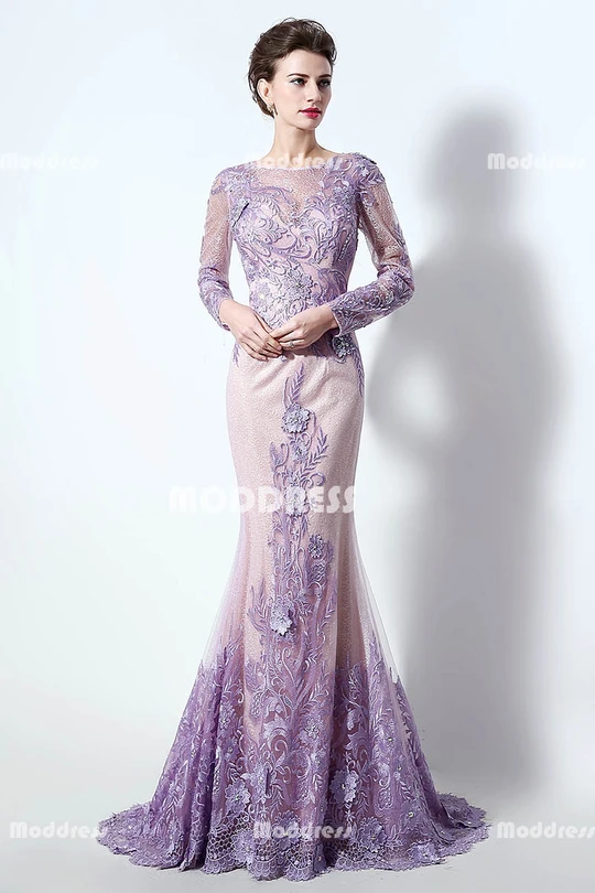 Mother Of The Bride Lilac Applique Long Prom Dresses Beaded Mermaid