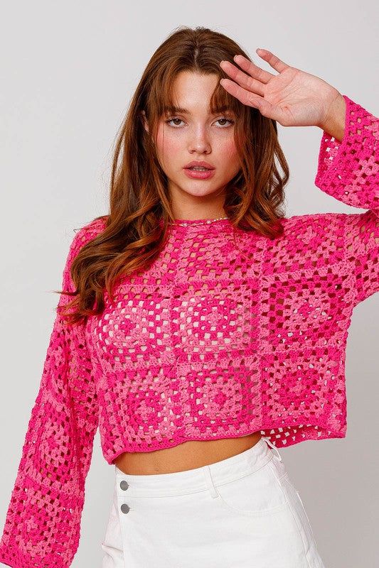 Pink And Fuchsia Crochet Bell Sleeve Sweater Boho Pink Crochet Clothes Crochet Fashion