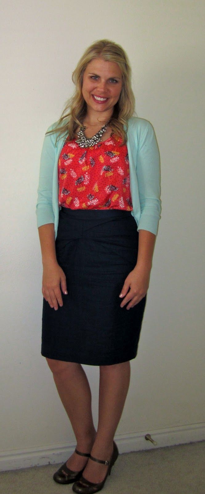 I Love The Blouse With The Light Blue Cardigan I Cant Tell If The