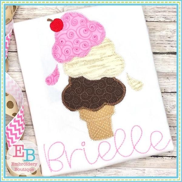 Triple Scoop Ice Cream Cone Applique In 2020 Embroidery Boutique