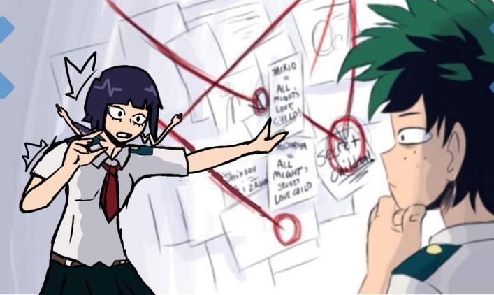 An Anime Character Is Talking To Another Person In Front Of A Wall With Papers On It