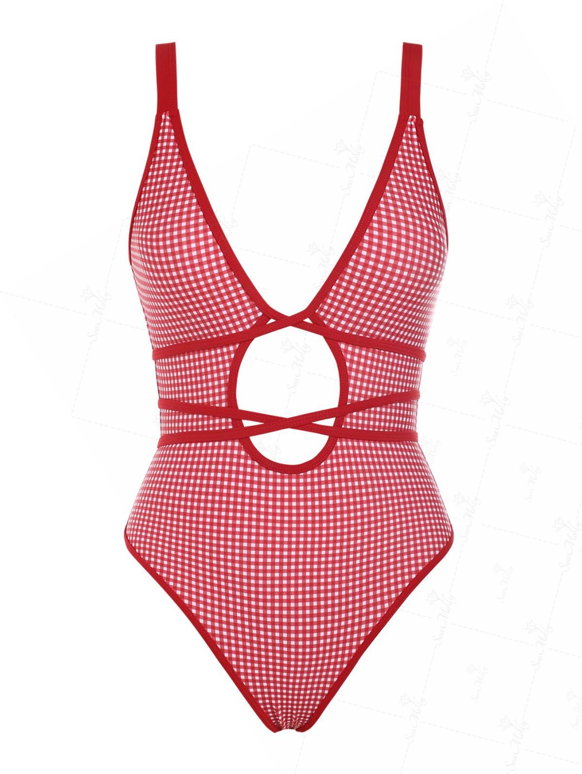 Seamolly Gingham Tie Around Criss Cross Open U Back One Piece Swimsuit