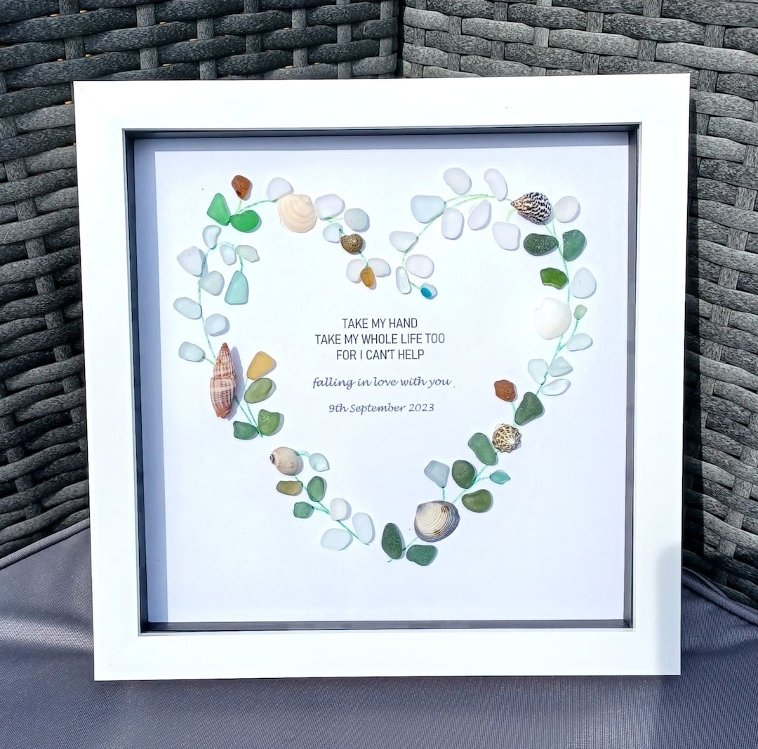 Personalised Seaglass Art Celebration Heart Etsy Sea Glass Crafts Sea Glass Art Sea Glass