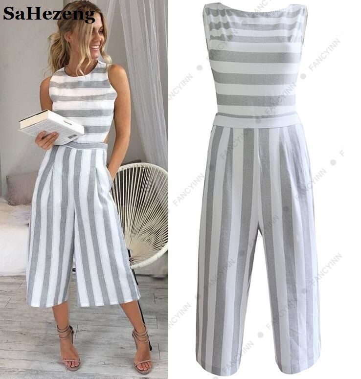 Casual V Neck Striped Sleeveless Bare Back Jumpsuits Artofit