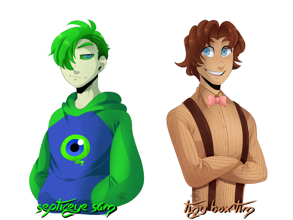 Two Cartoon Characters With Green Hair And Blue Eyes