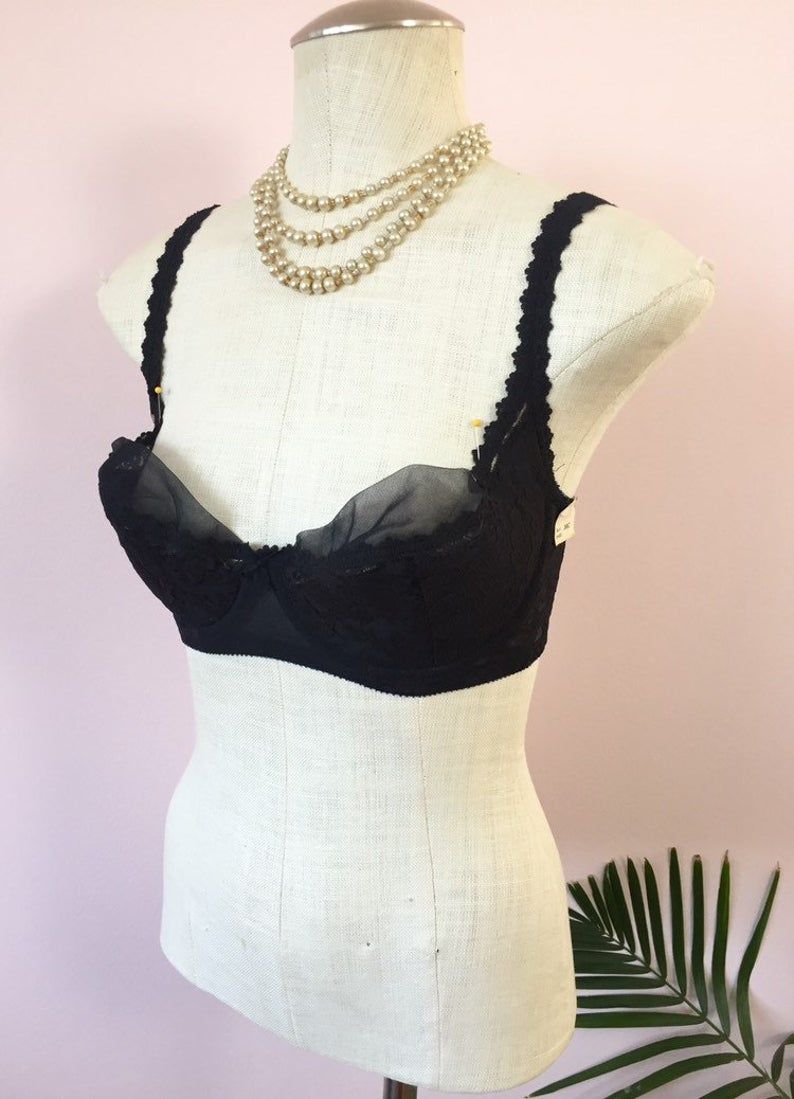 Jezebel Deadstock Vintage Inky Black Shelf Bra Retro Pinup Half Cup Bra Midcentury Pinup