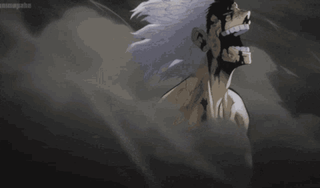 An Anime Character With White Hair And Black Eyes Looking Up At Something In The Sky