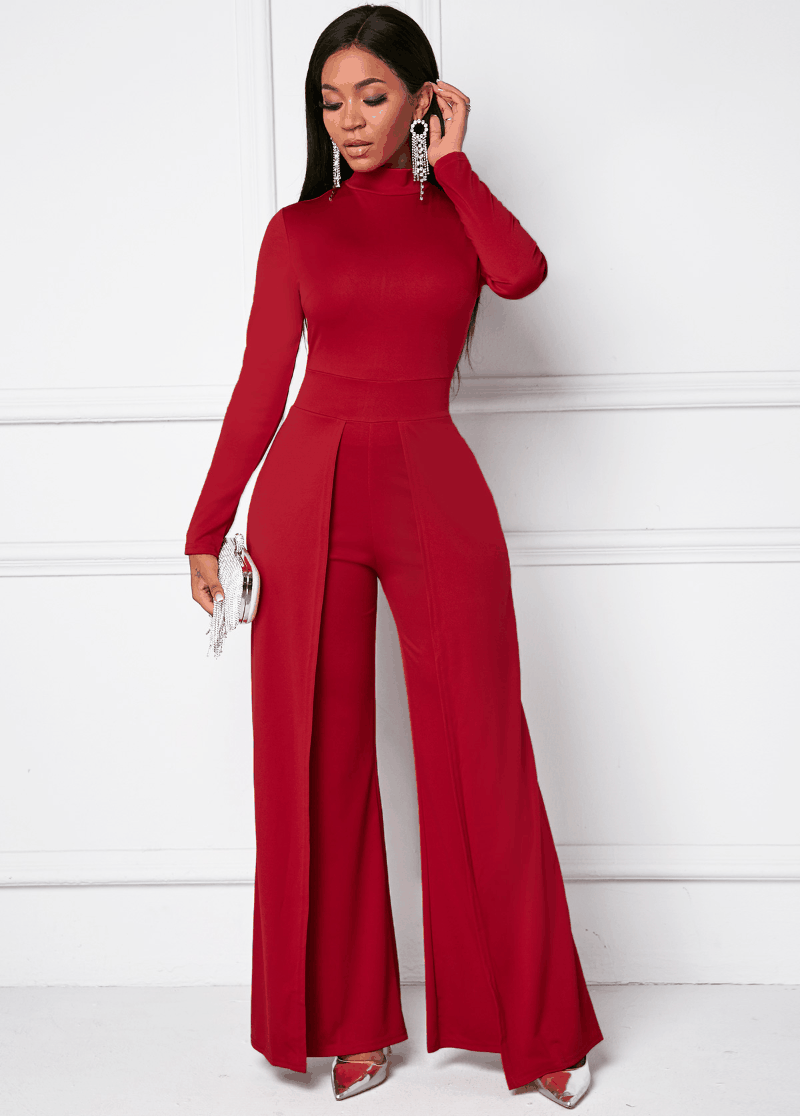 Long Sleeve Mock Neck Red Wide Leg Jumpsuit Trajes Mujer Ropa Enterito