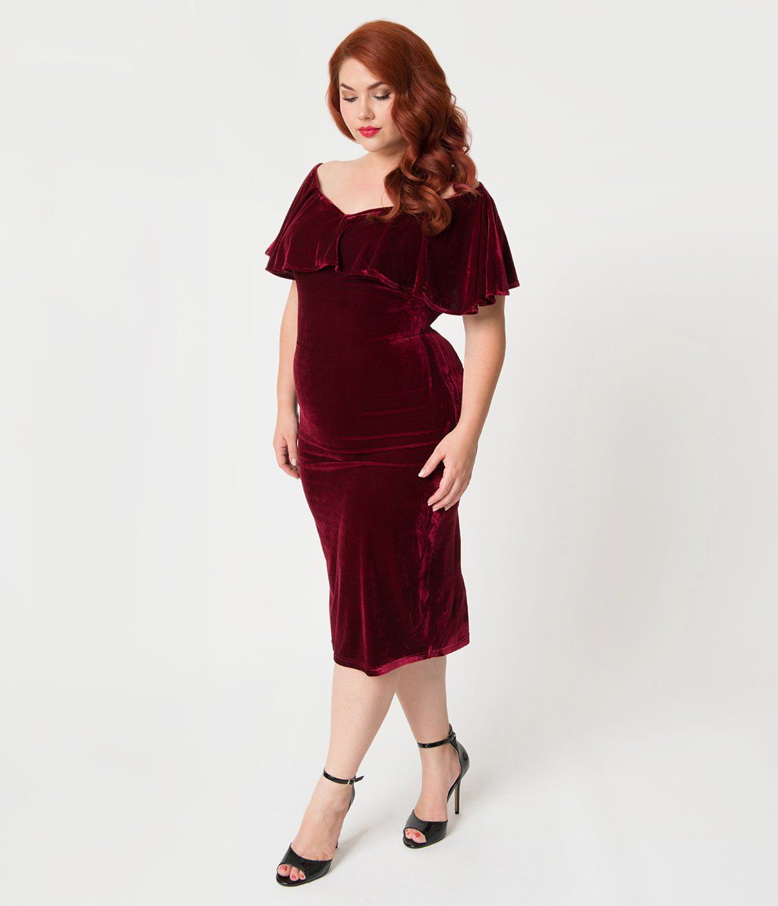 Unique Vintage Plus Size 1950s Burgundy Red Velvet Sophia Wiggle Dress Plus Size Cocktail