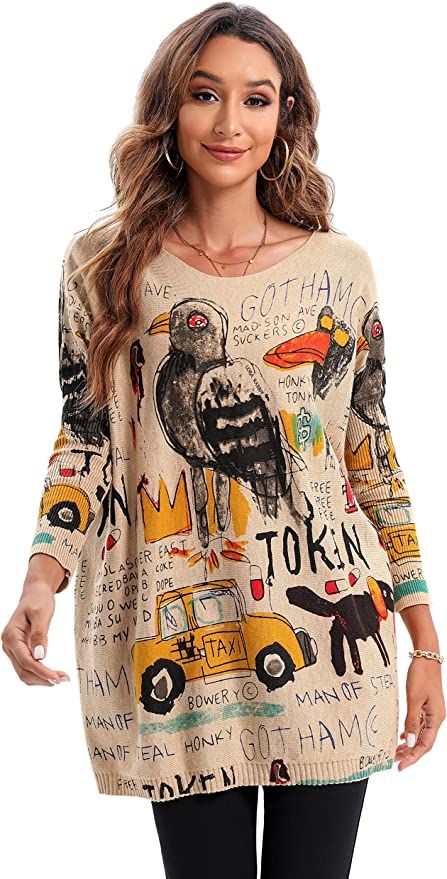 Ellazhu Womens Casual Long Sleeve Loose Artsy Graphic Newspaper Pullover Sweaters Dh07