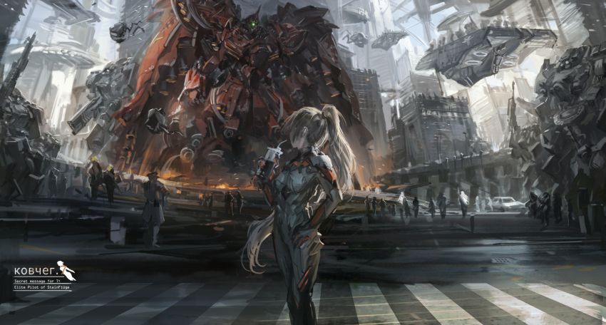 1girl Blonde Hair Bodysuit Cyberpunk Drink Highres Long Hair Mecha