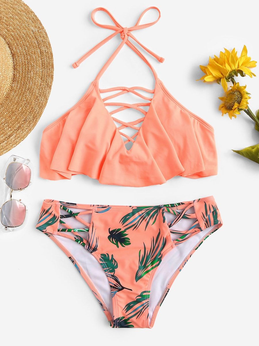Criss Cross Top With Random Leaf Print Bikini Shein Sheinside Leaf