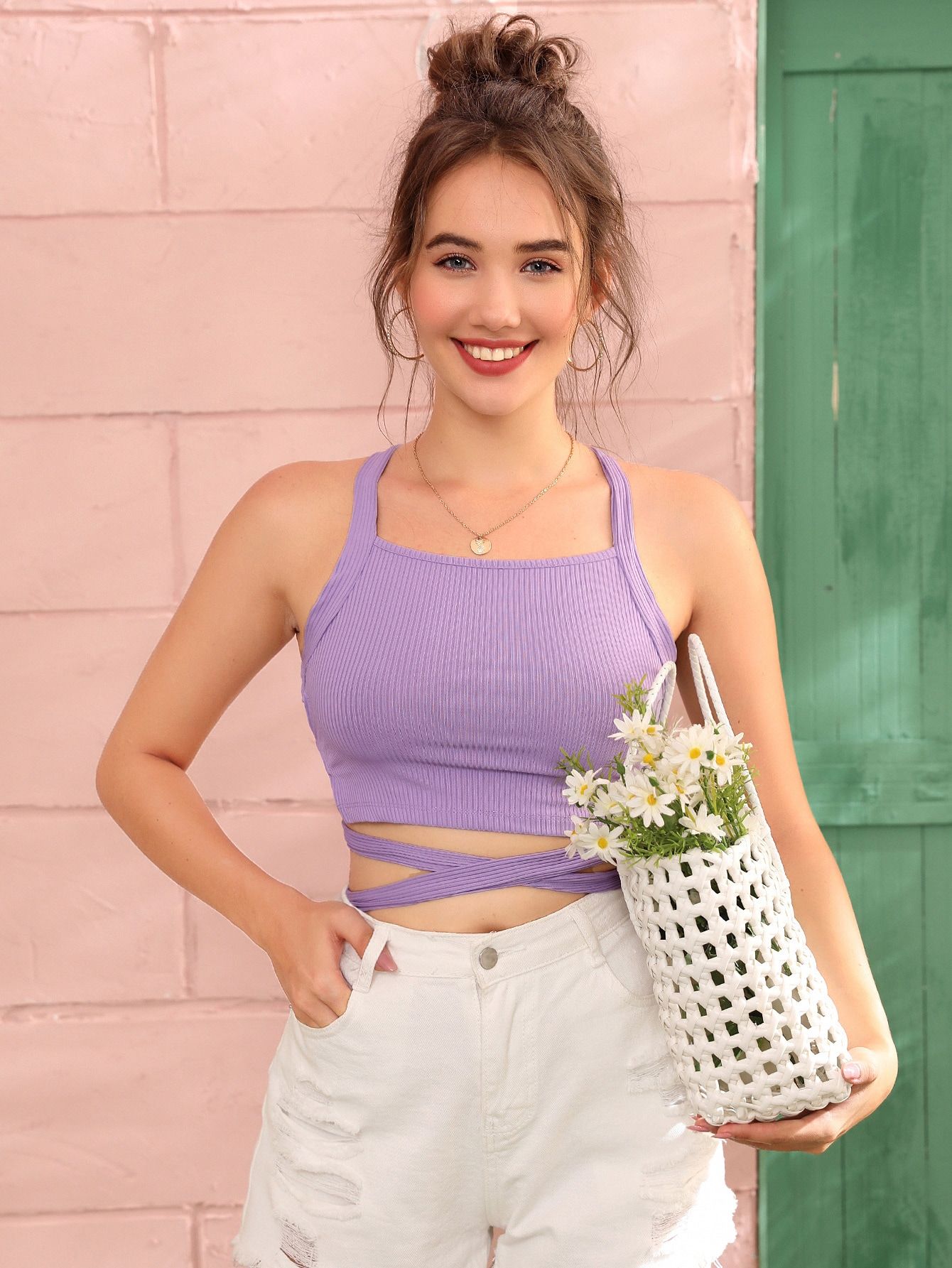 Crisscross Tie Backless Rib Knit Cami Top Shein Usa Crop Top