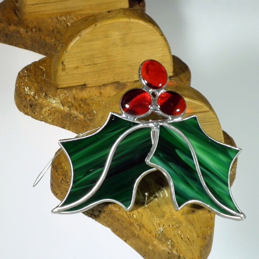Holly Berry 3 D Stained Glass Suncatcher Christmas Tree Etsy Uk