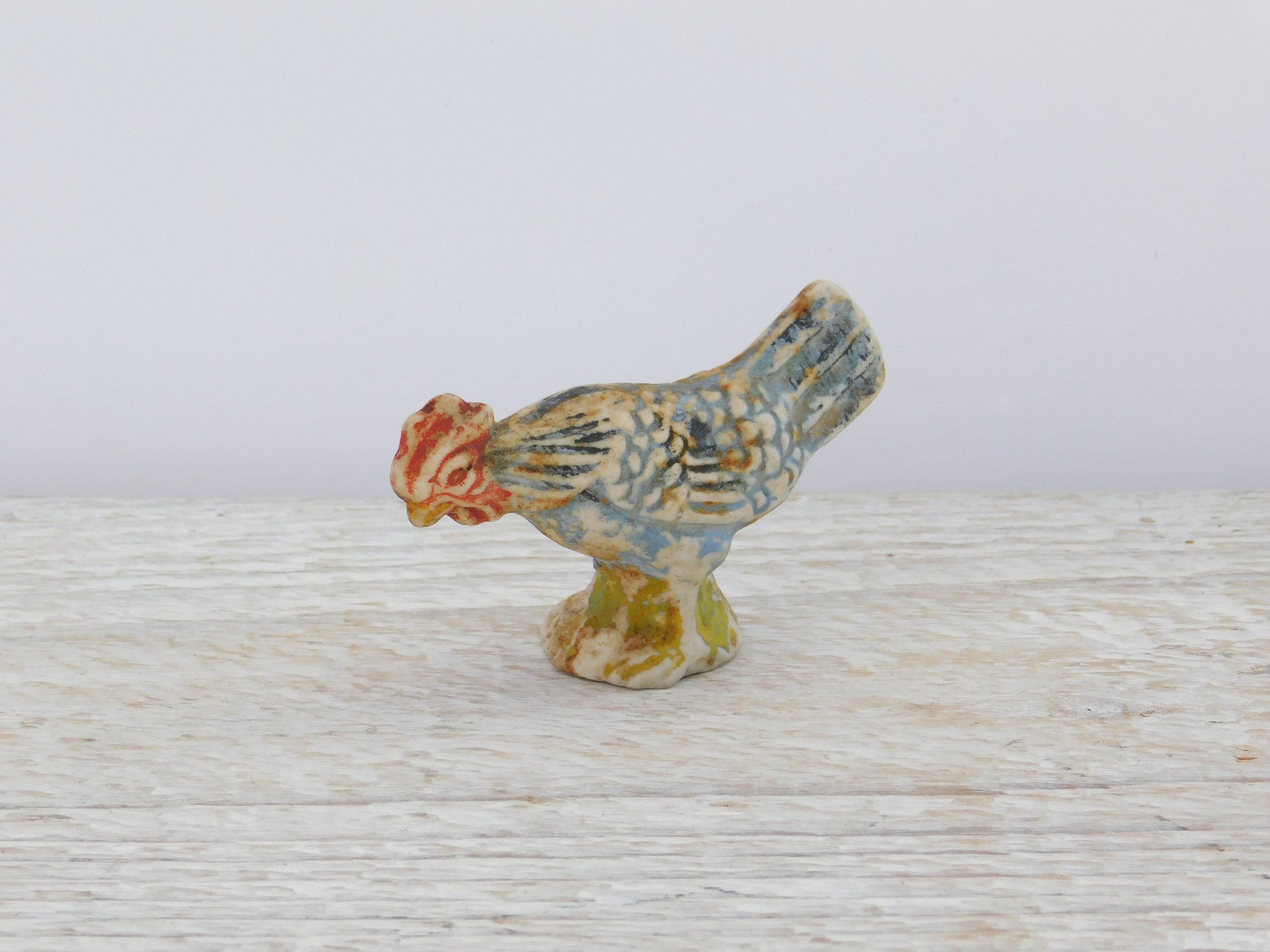 Vintage Miniature Chicken Figurine ~ Japan Ceramic Unglazed Pottery ~ Primitive Small Rooster