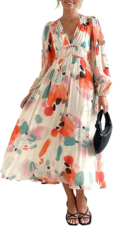 Sissyaki Womens Long Sleeve Boho Floral Maxi Dress Smocked Beach Flowy