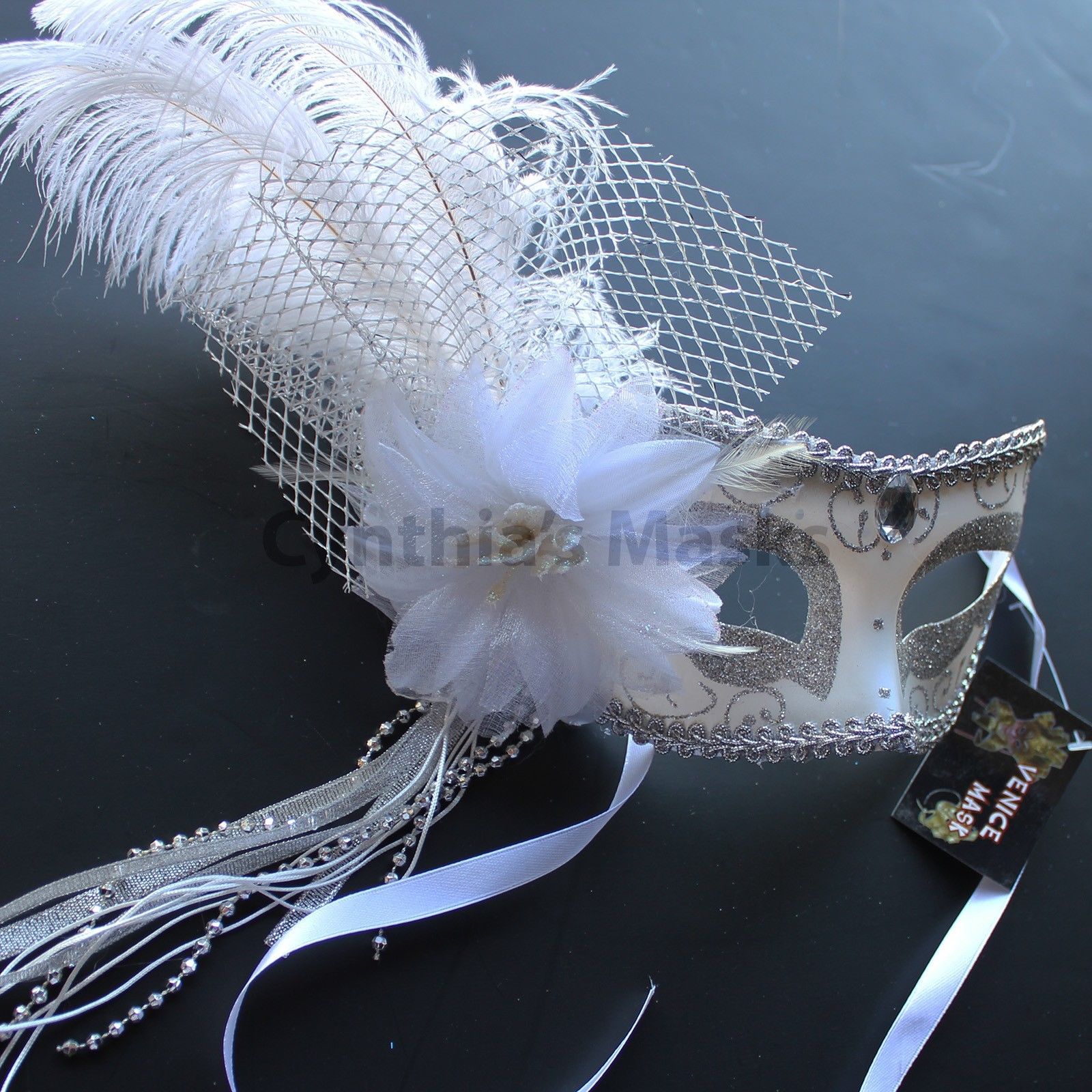 White Venetian Masquerade Mask W Ostrich Feathers Party Prom Mardi Gras
