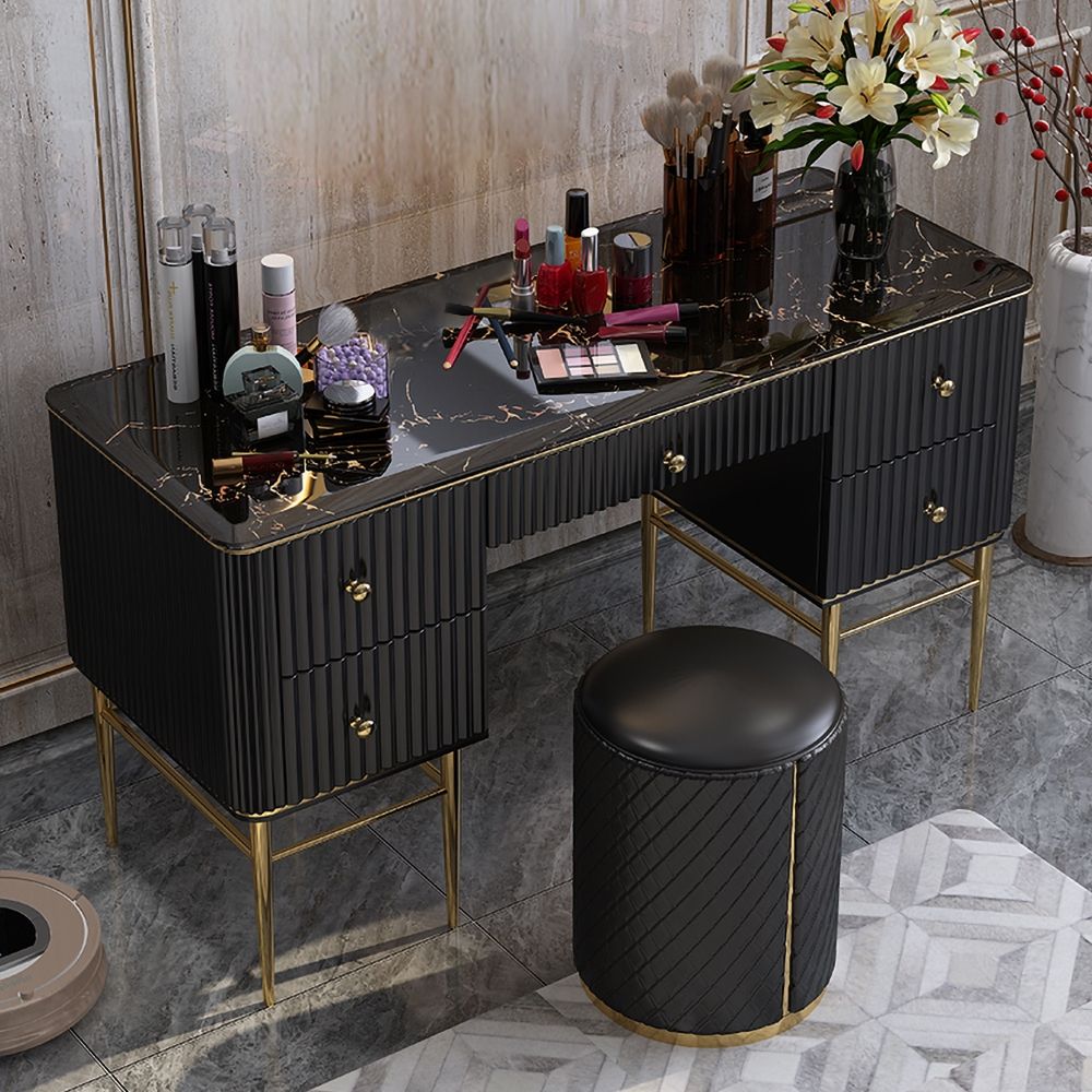 Bline Black Makeup Vanity Table Marble Dressing Table With Drawers Gold
