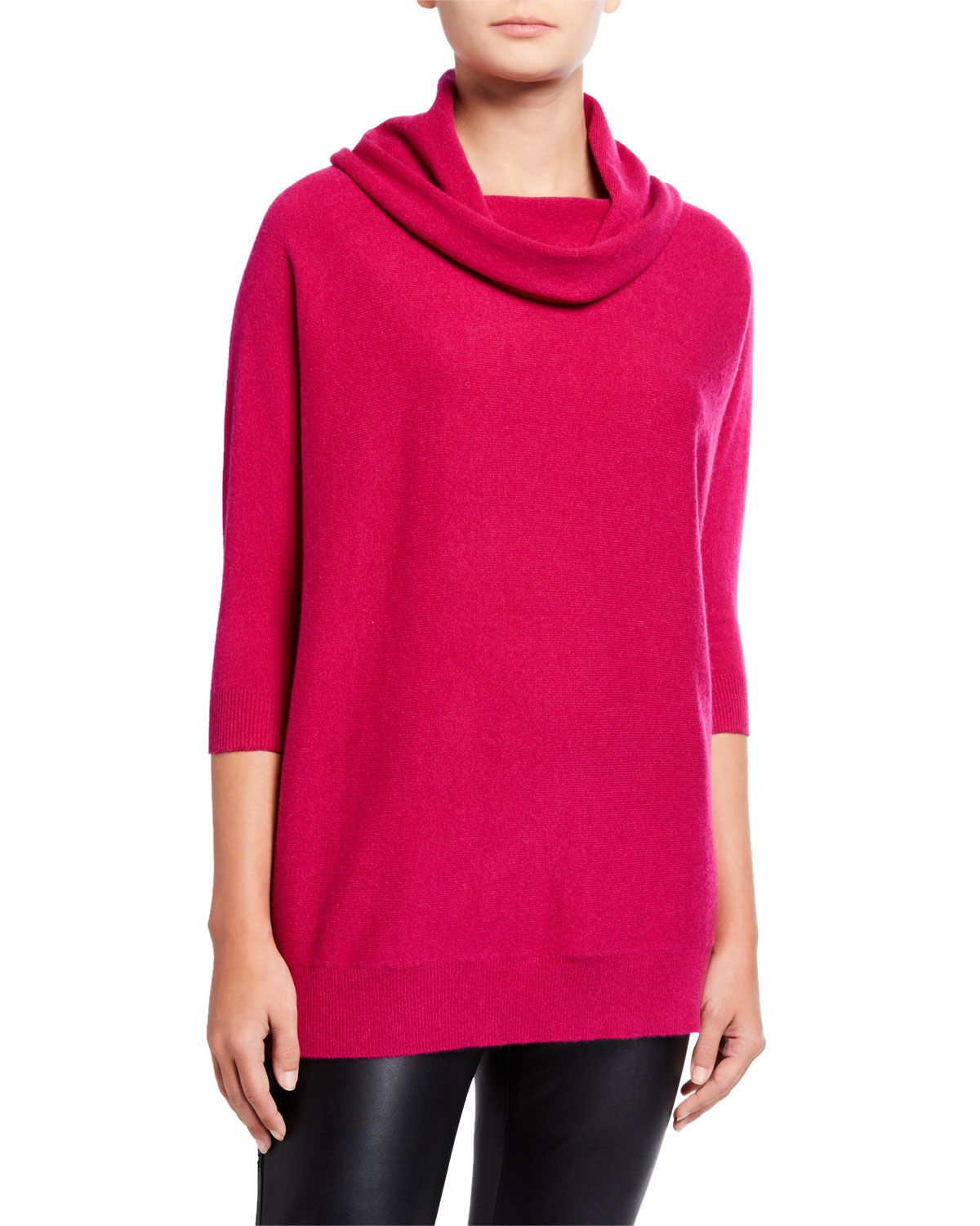 Neiman Marcus Cowl Neck 3 4 Sleeve Cashmere Sweater In Dark Raspberry