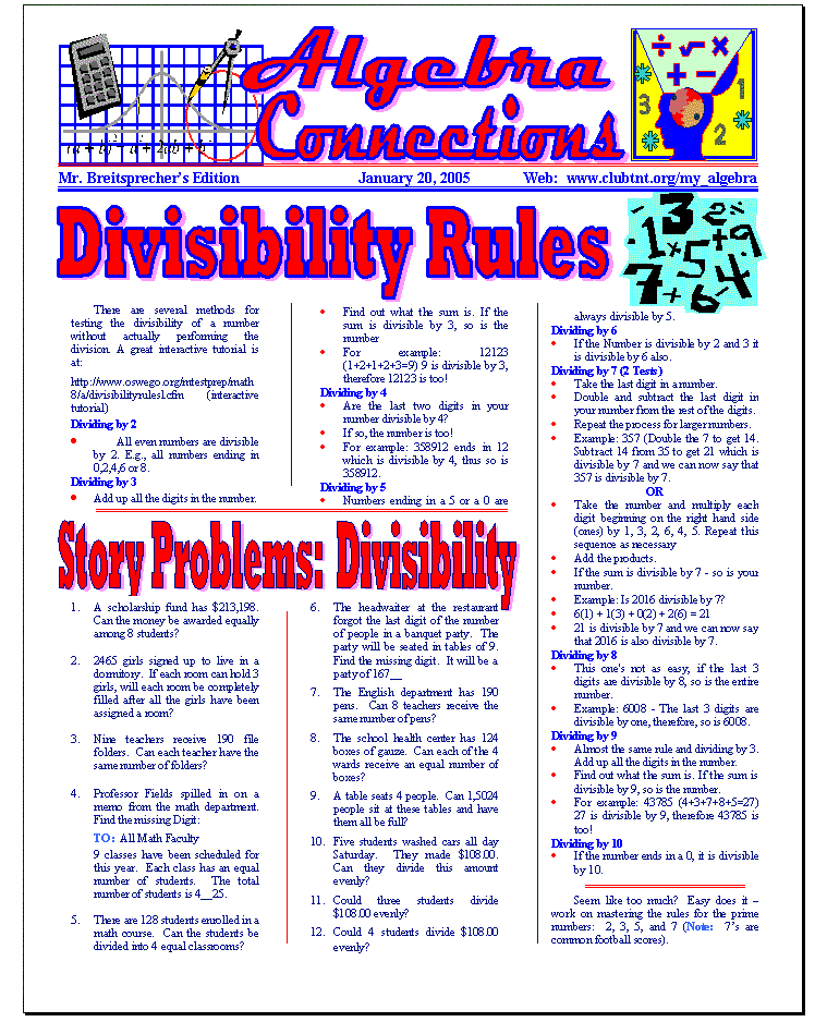 Mr Bs Algebra Connections Divisibility Rules Word Problems Divisibility Rules Algebra
