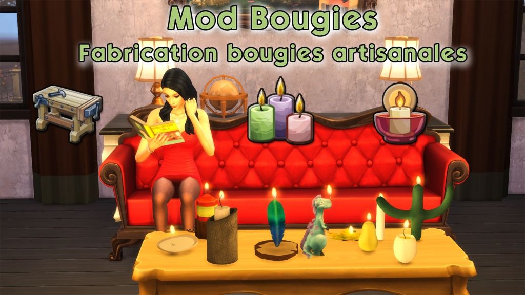 A Woman Sitting On Top Of A Red Couch In Front Of A Table With Candles