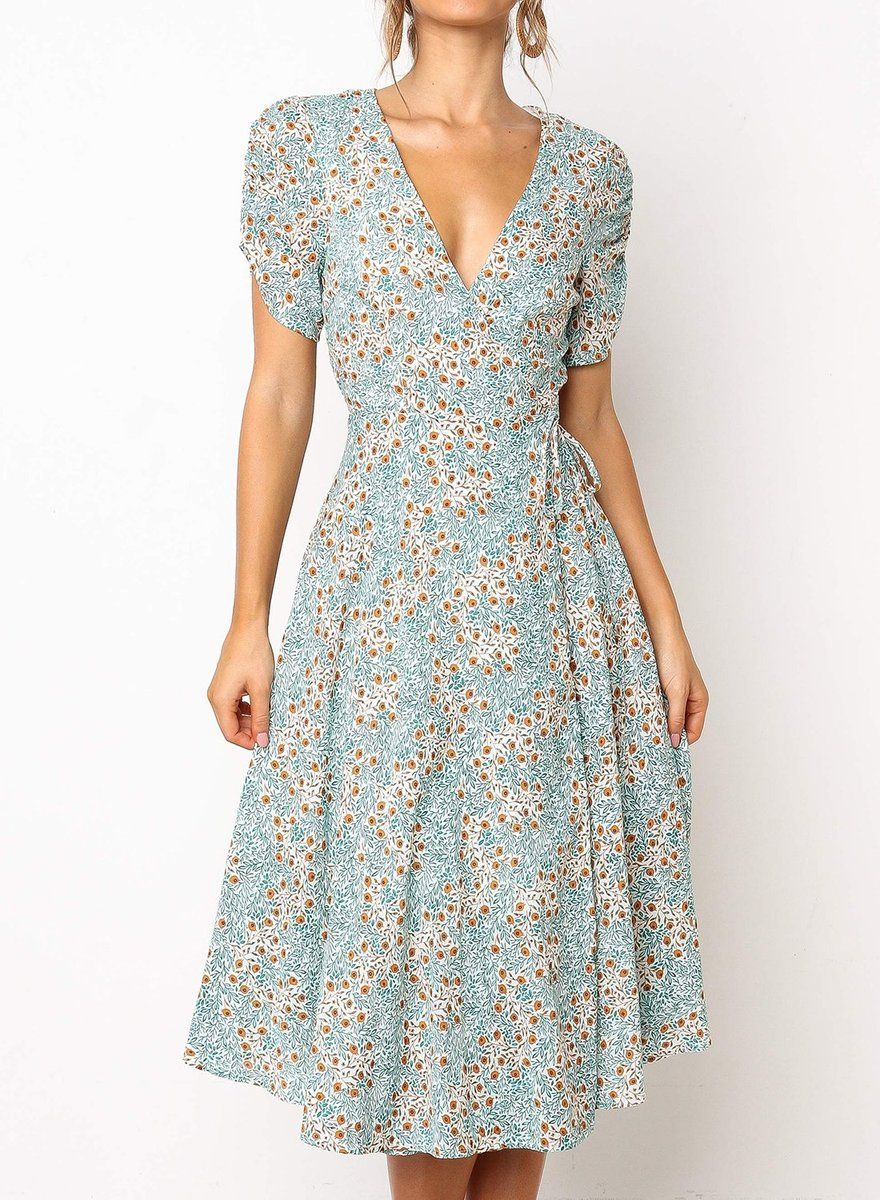 Deep V Neck Wrap Style Floral Midi Dress Miudance Short Sleeve