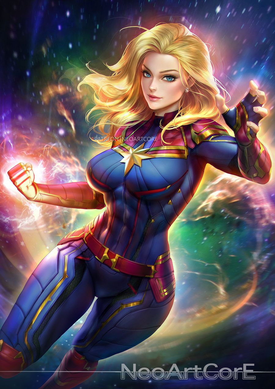 1girl Abs Blondehair Blueeyes Bodysuit Breasts Captainmarvel Caroldanvers Earrings