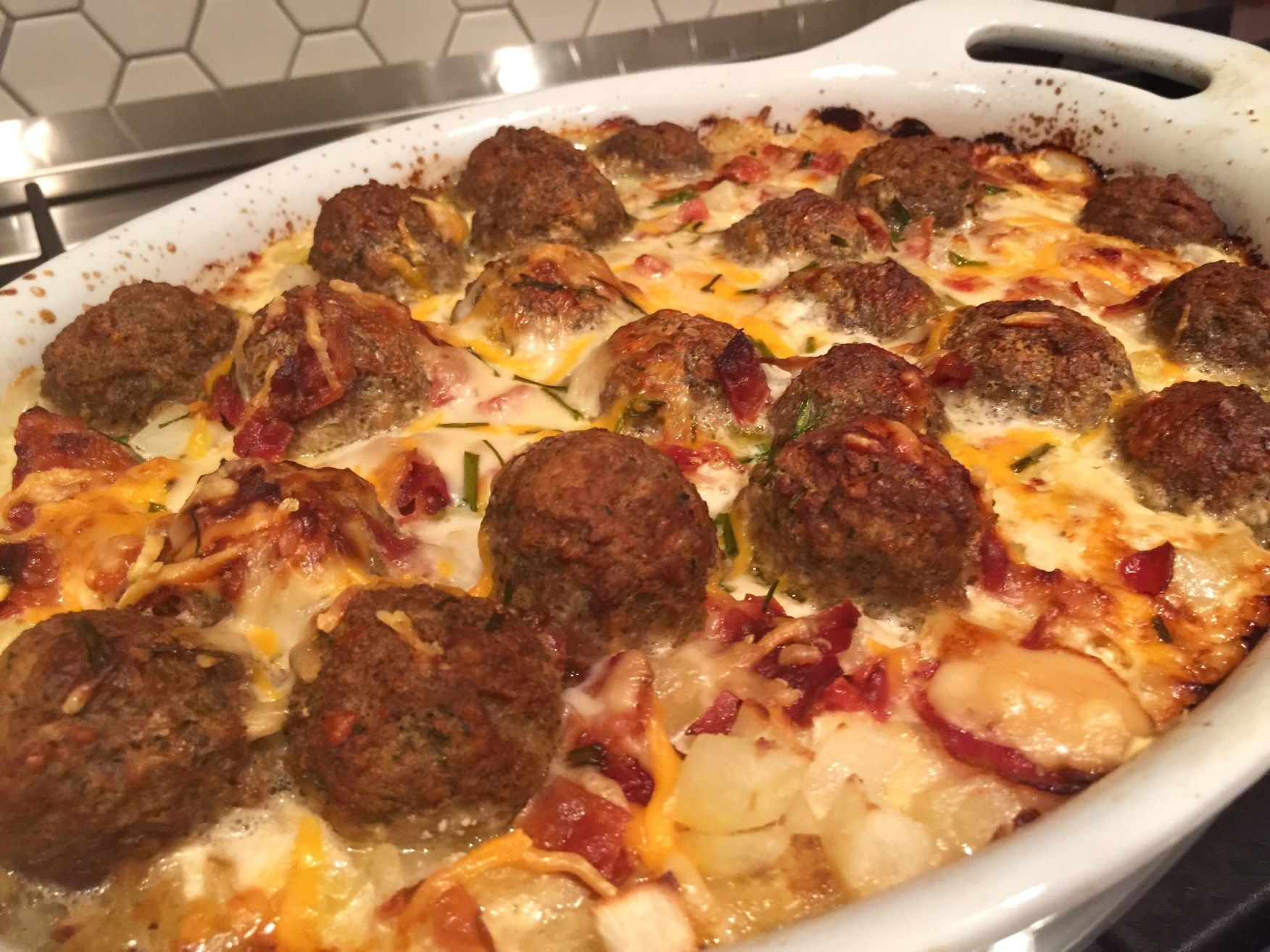 Cheesy Bacon Meatball Potato Casserole Recipe Crowd Pleasers