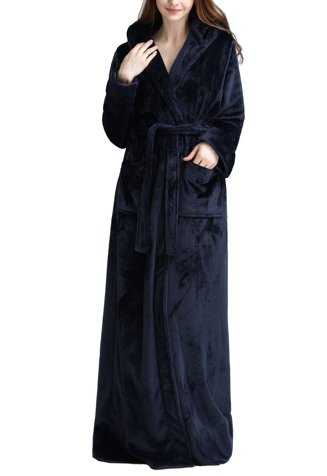 Flygo Womens Long Robe With Hood Soft Warm Full Length Sleepwear