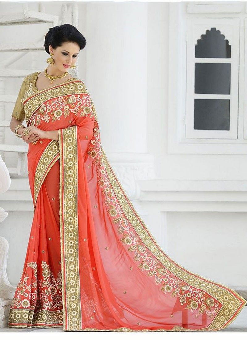 Sari Indien Orange Georgette Saris De Créateurs Vêtements Indiens