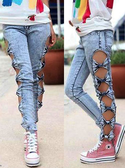 Attractive Side Hollow Bowknot Skinny Jeans I Think We Could Modify These To The Knee Bow