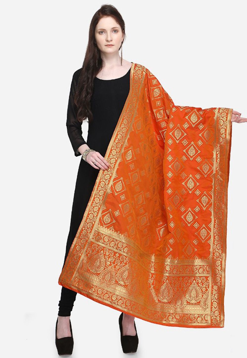 Orange Banarasi Dupatta 164346 Party Wear Long Gowns Banarasi