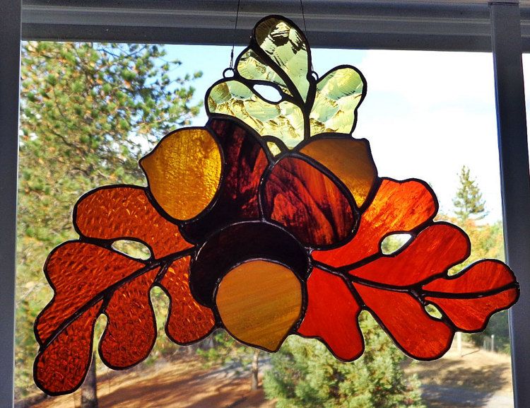 Stained Glass Suncatcher Autumn Oak Leaves And Acorns Fall Etsy Stained Glass Ornaments
