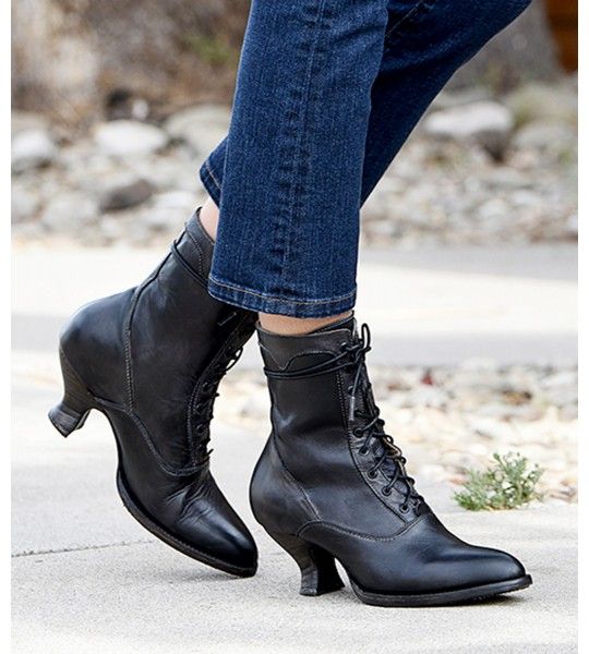 Victorian Style Leather Ankle Boots In Black Rustic Lace Up High