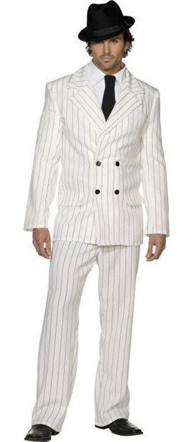 Mens Fever White Gangster Fancy Dress Costume Al Capone Pinstripe