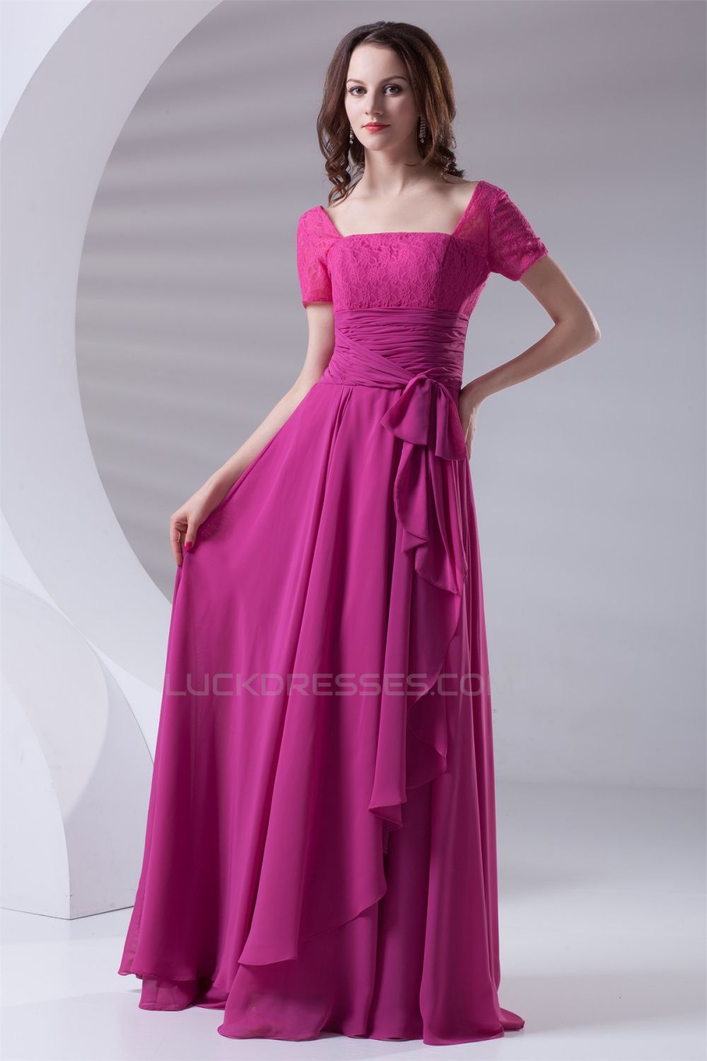 A Line Short Sleeve Chiffon Lace Satin Mother Of The Bride Dresses