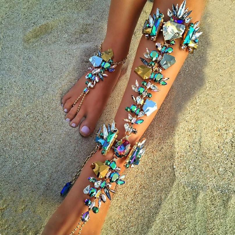 Flower Boho Crystal Ankle Bracelet Sandals Sexy Leg Chain Anklet Statement Jewelry Onuve