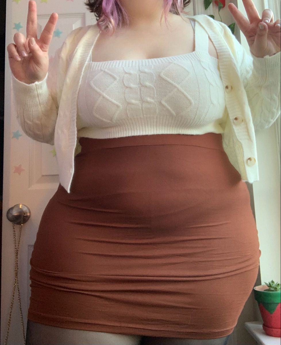 Aesthetic Cute Plus Brown And White Skin Toght Skirt For Fall Outfit Fat Girl Outfits Curvy