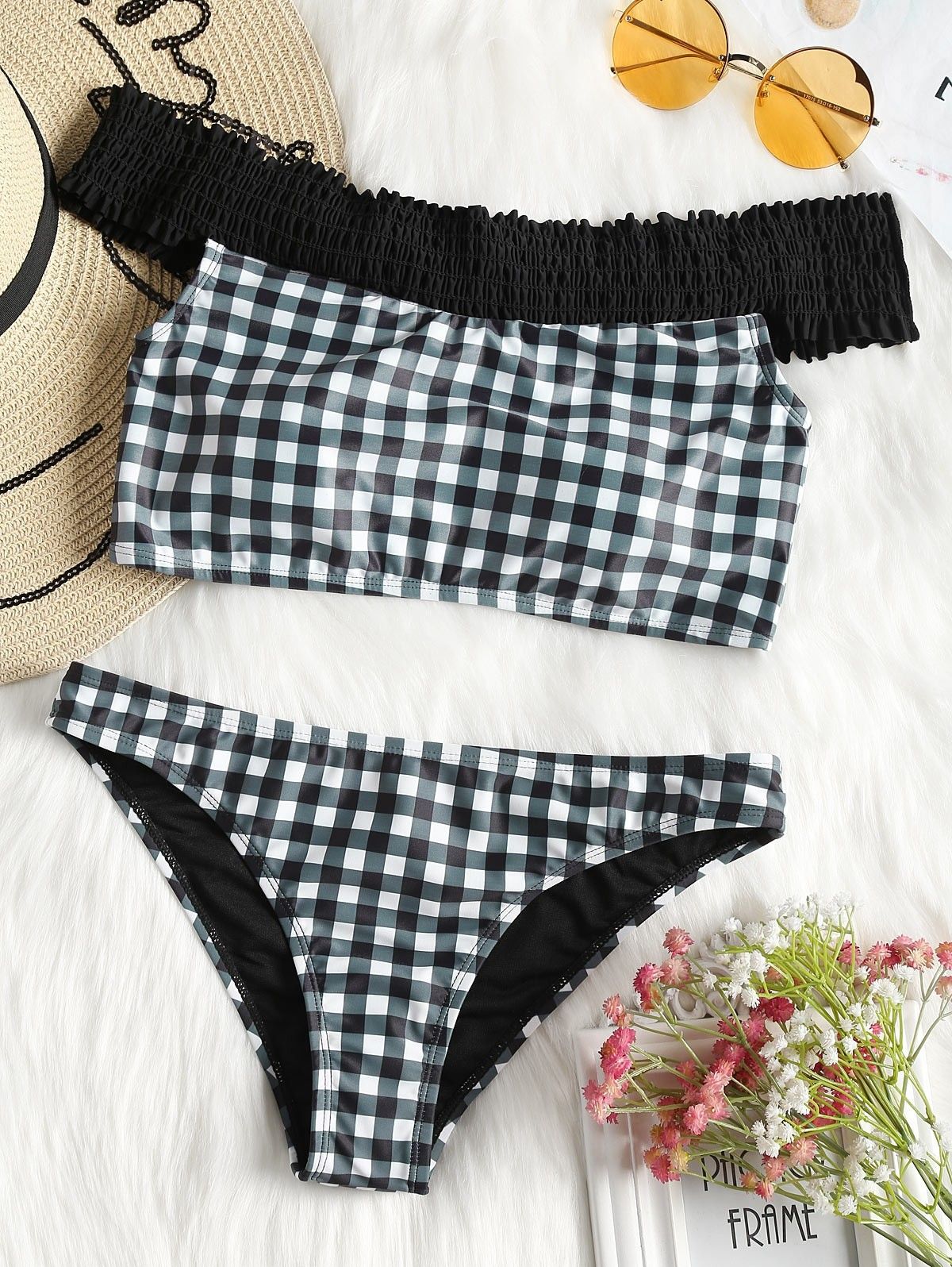 Checkered Off The Shoulder Bikini Swimwear Checked 3p68014015 Size