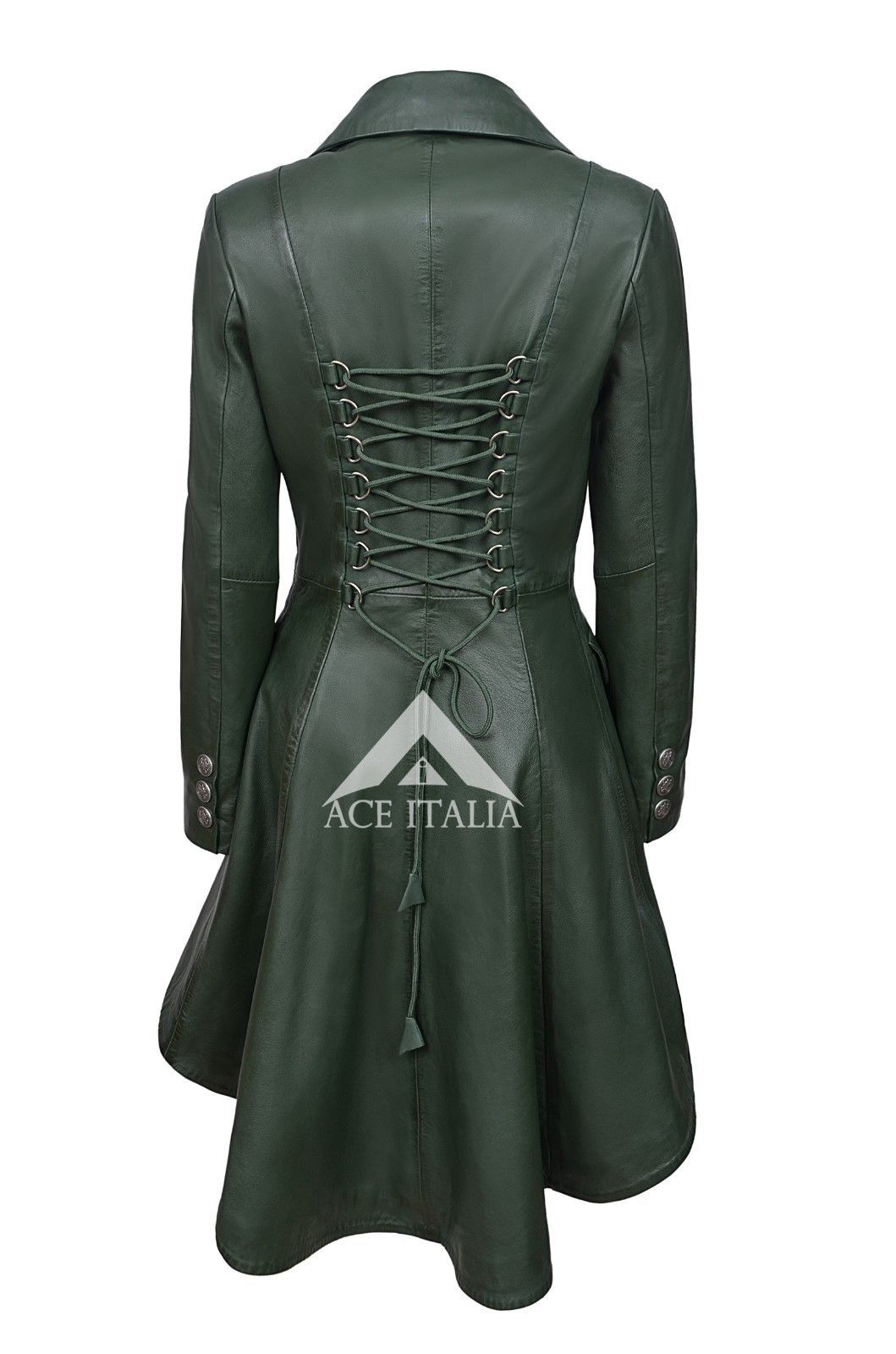 Edwardian Ladies Women Green Washed Real Leather Laced Back Jacket Coat