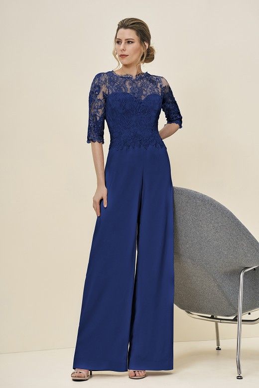 J195071 Boat Neckline Lace And Crepe Wide Leg Pant Suit With Sleeves