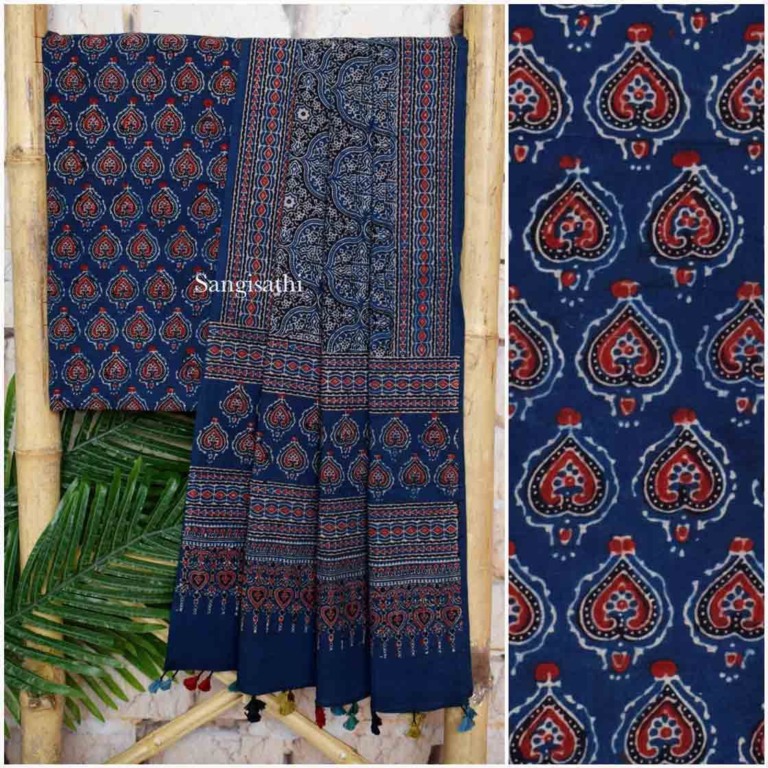 Ajrakh Cotton Unstitched Suit Kalamkari Fabric Saree Blouse Neck