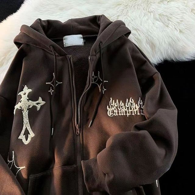 Womens Zip Up Hoodie Cross Embroidery Hoodie Sweatshirts Unique Hoodies